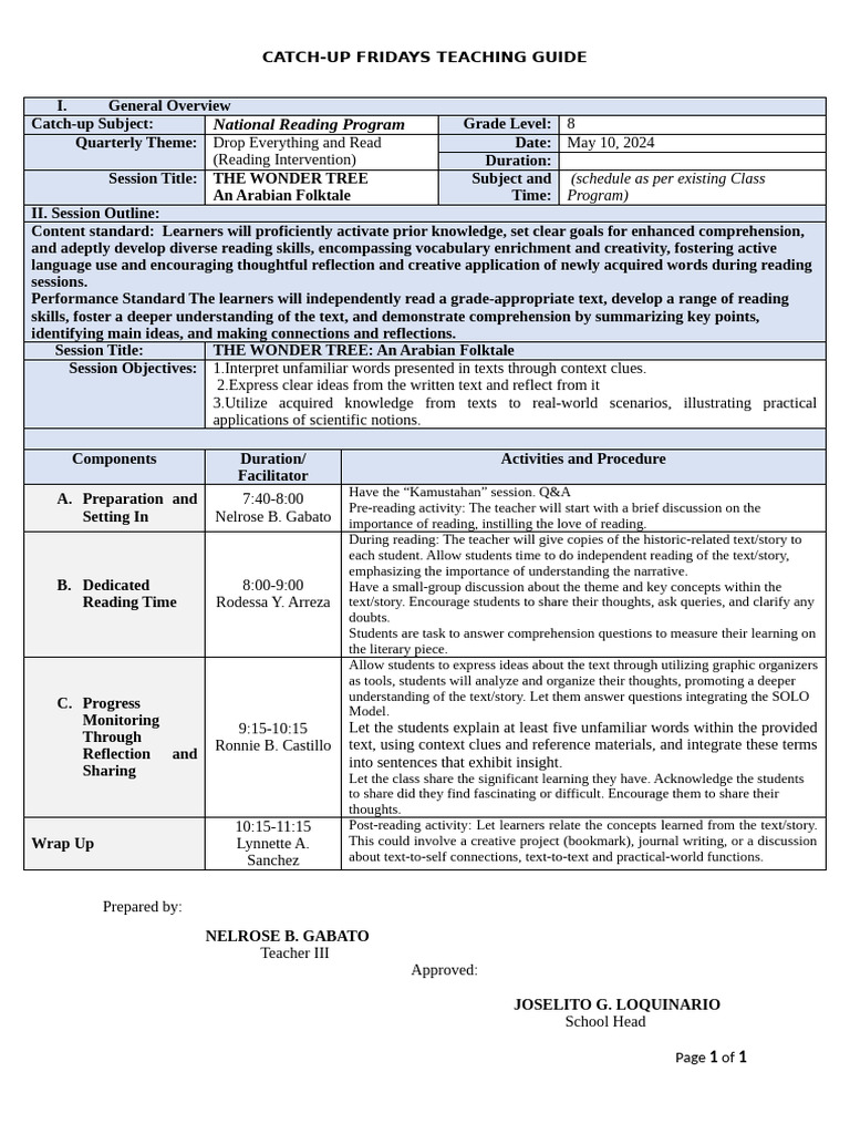 Teaching-Guide-Catchup-READING GRADE 8 q4w6 | PDF | Reading Comprehension | Liberal Arts Education