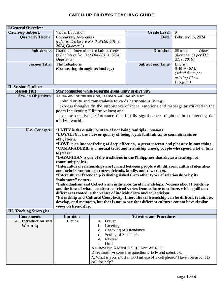 Teaching-Guide-Catchup-Peace-Ed-English 9 | PDF | Friendship | Psychology