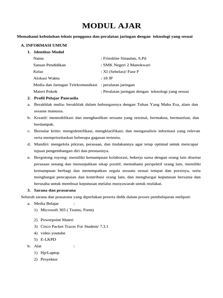 Modul Ajar Memahami Kebutuhan Peralatan Jaringan Dengan Teknologi Yang Sesuai | PDF