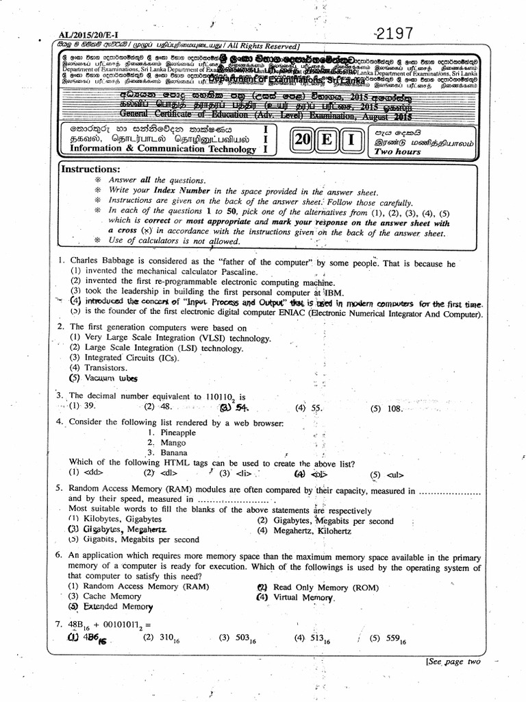 2015 A/L ICT Past Paper Answers | PDF | Transmission Control Protocol ...