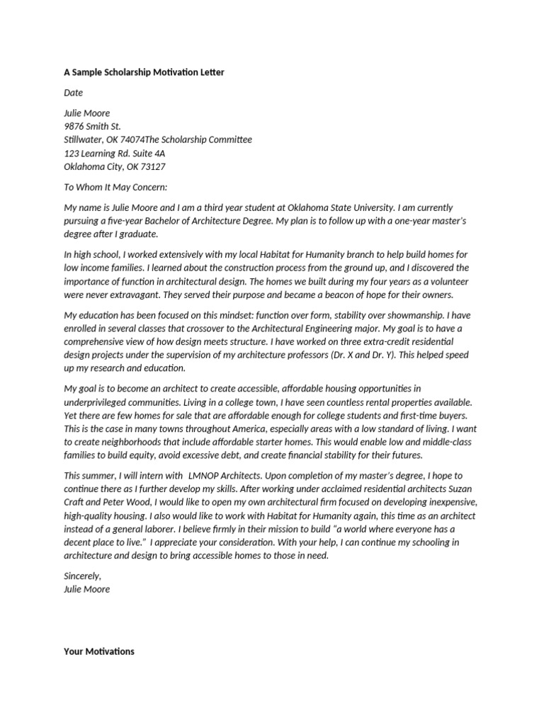 A Sample Scholarship Motivation Letter | PDF