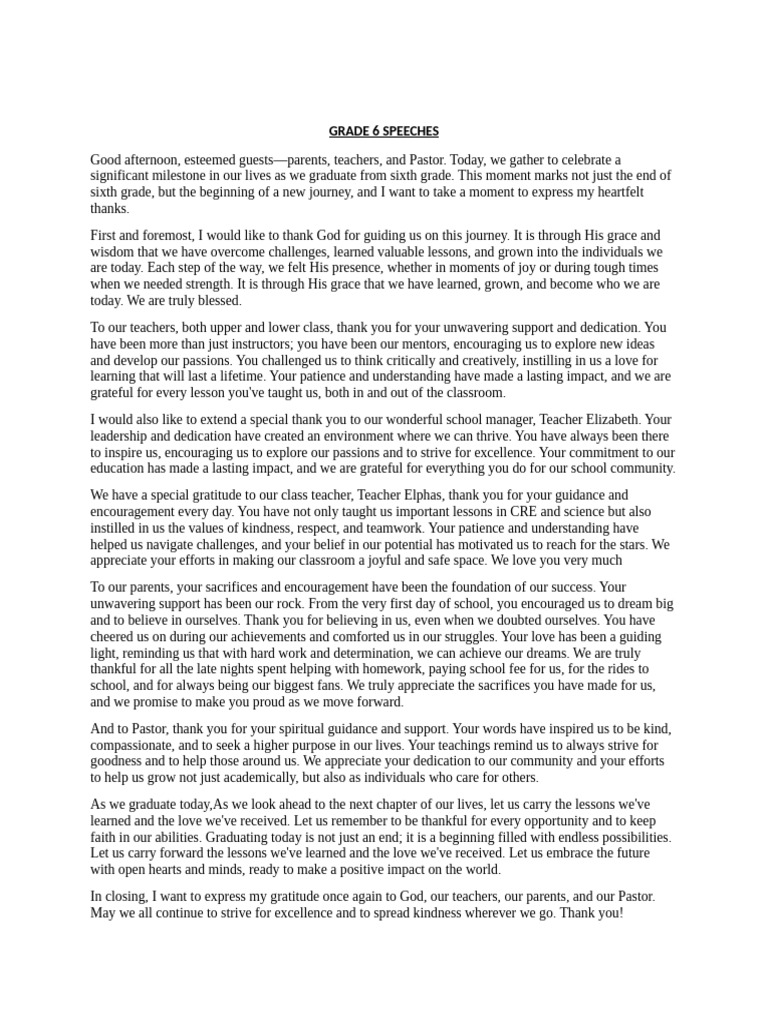 Grade 6 Students Speech Original | PDF | Teachers | Gratitude