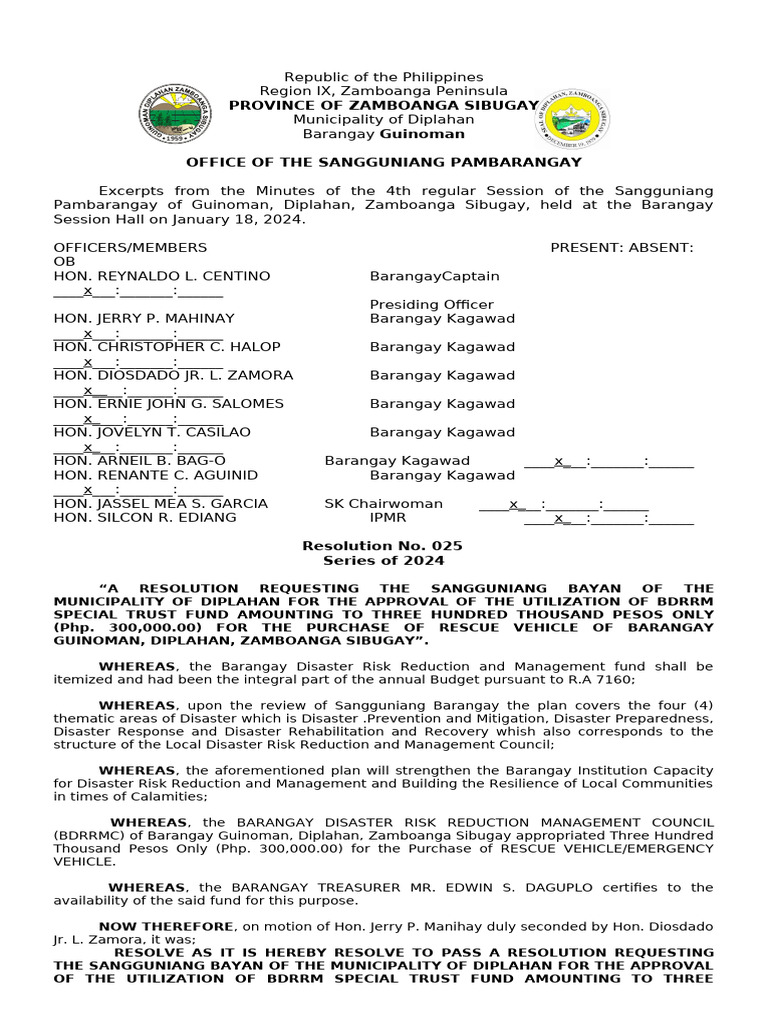 Resolution BDRRMC Requesting SB Office For Approval24 Baobao | PDF ...