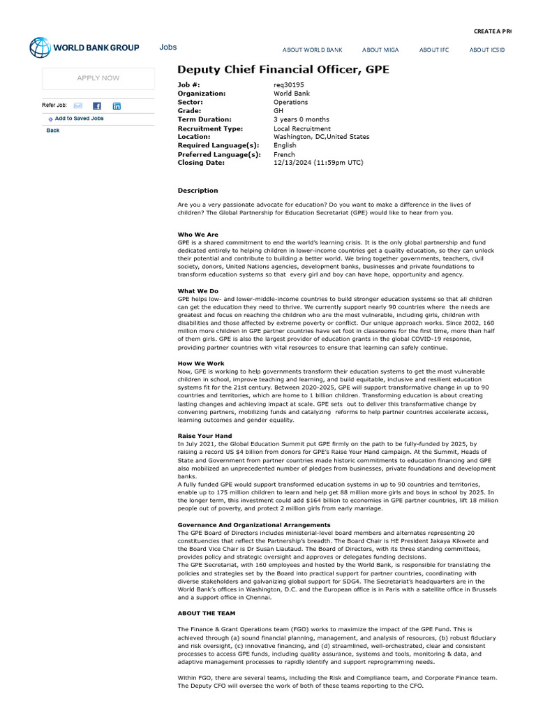 Deputy Chief Financial Officer, GPE | PDF | Business