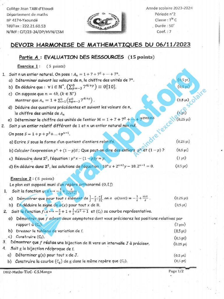 Maths TleC Harmonise2 College Jean Tabi Novembre 2023 | PDF
