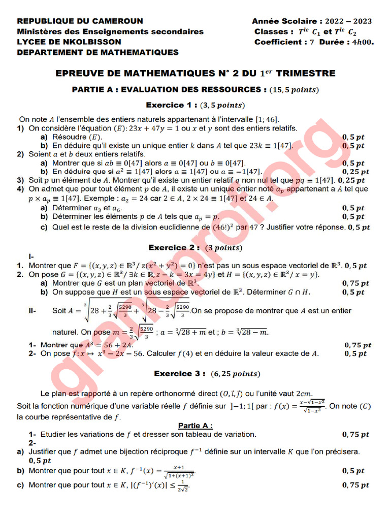 Maths TleC Evaluation2 Lycee Nkolbisson 2022 2023 | PDF