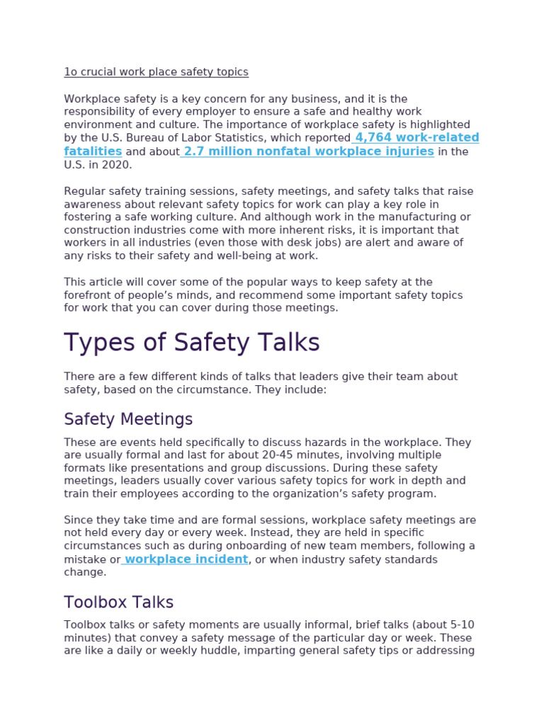 1o Crucial Work Place Safety Topics | PDF | Occupational Safety And ...