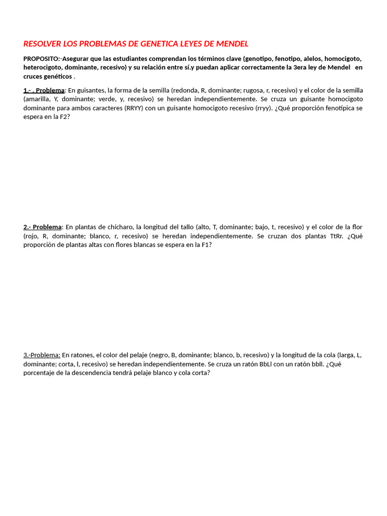 Resolver Los Problemas de Genetica Leyes de Mendel | PDF | Hogar ...