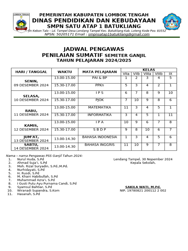 Jadwal Penilaian Sumatif Semester Ganjil SMPN Satu Atap 1 Batukliang Tahun 2024 | PDF