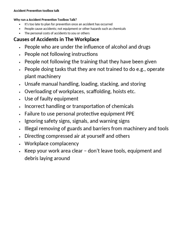 Accident Prevention Toolbox Talk | PDF
