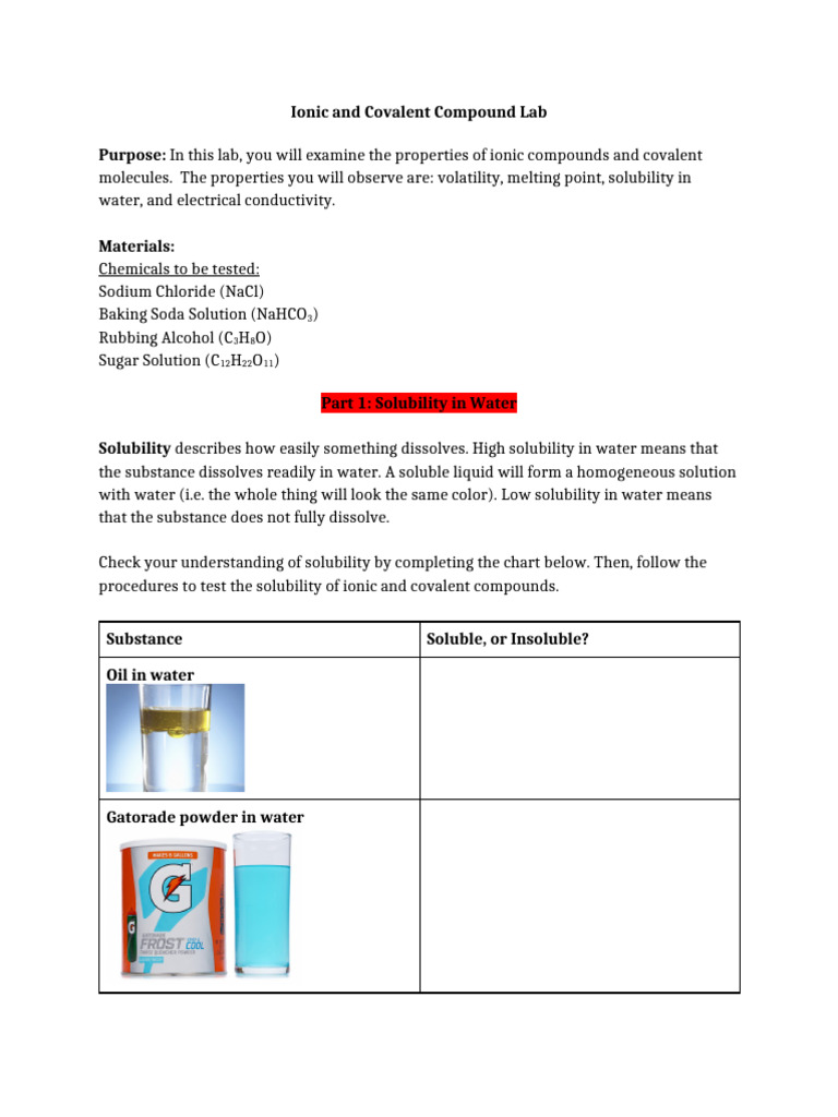 U3L6 Ionic and Covalent Compound Lab | PDF | Chemical Compounds ...