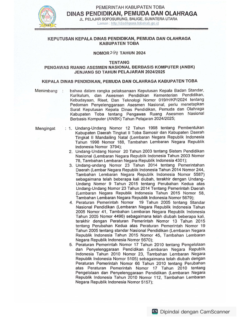 SK Pengawas ANBK SD Tahun 2024 | PDF