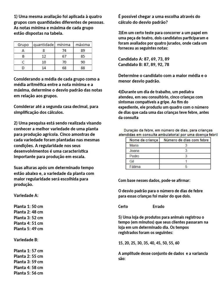 1.docx ATIV EXTRA SOBRE DESVIO PADRAO | PDF | Desvio padrão | Média