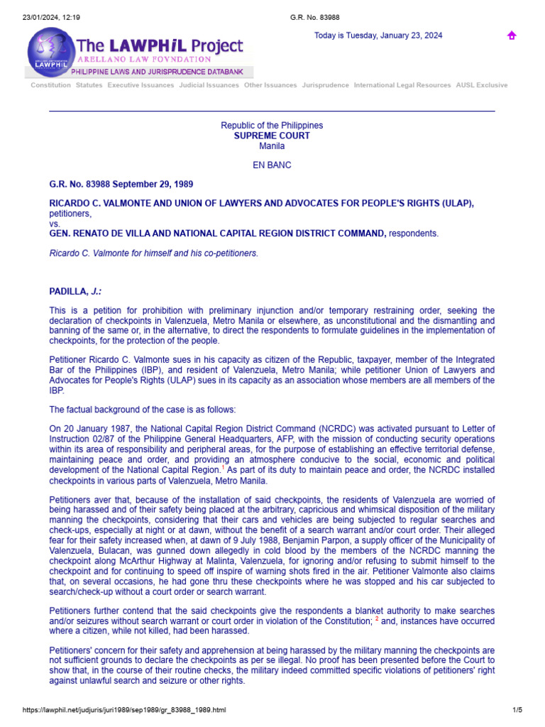Valmonte VS de Villa | PDF | Search And Seizure | Criminal Law