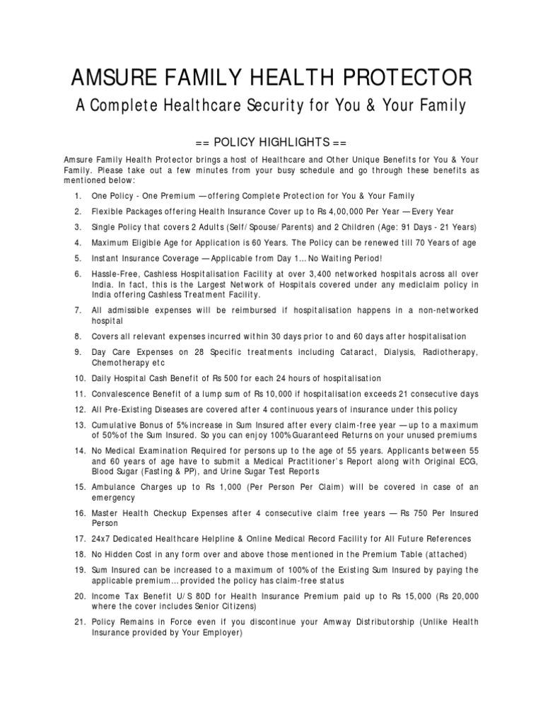 Amsure Family Health Protector Policy Highlights | PDF | Insurance ...