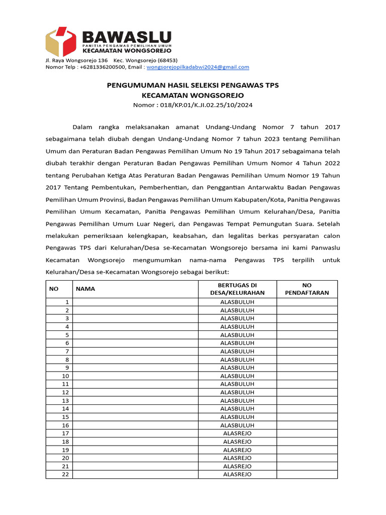 Pengumuman PTPS Terpilih | PDF