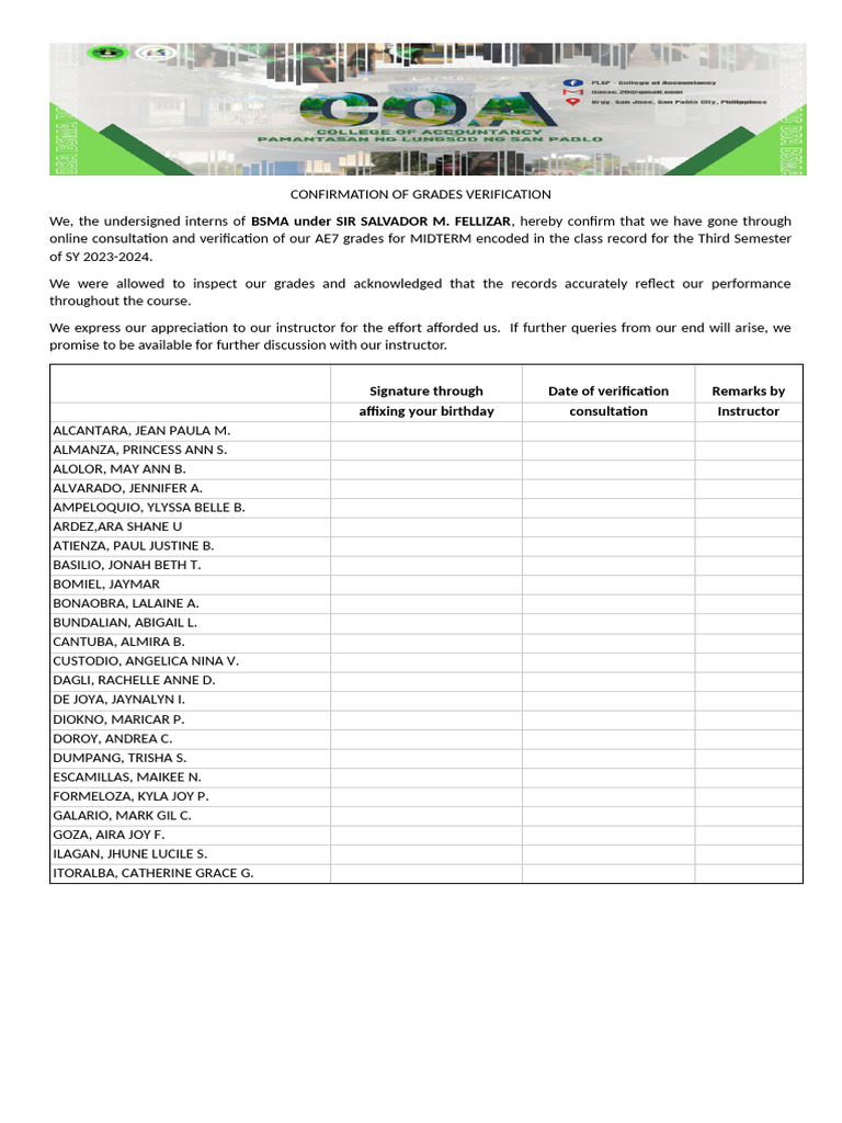 Confirmation Of Grades Verification Pdf