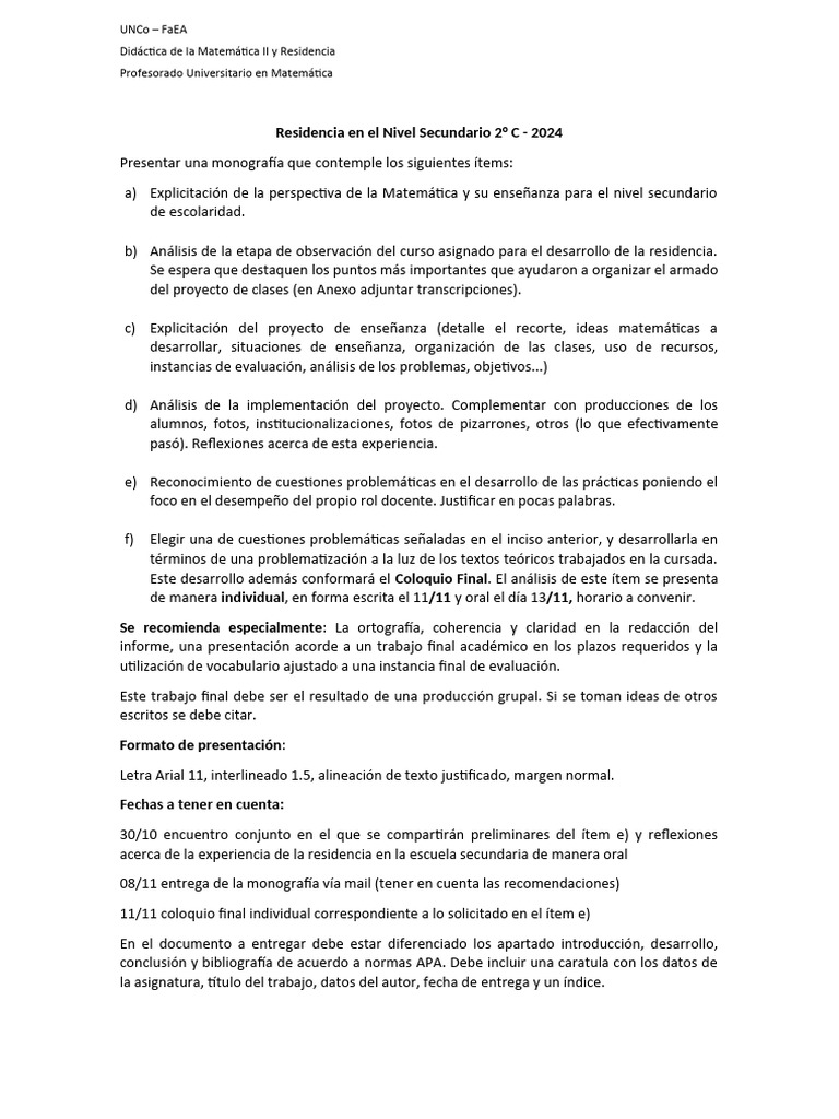 Consigna Trabajo Final - 2024 | PDF | Enseñando | Evaluación