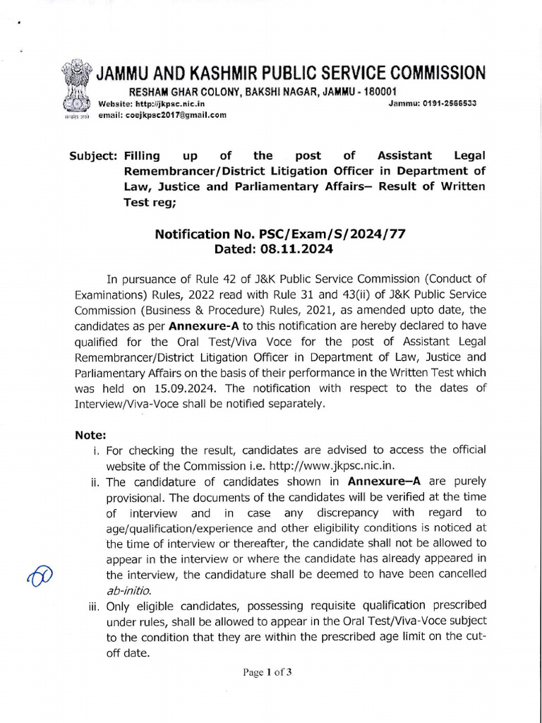 Filling Up of The Posts of Assistant Legal Remembrancer - District ...