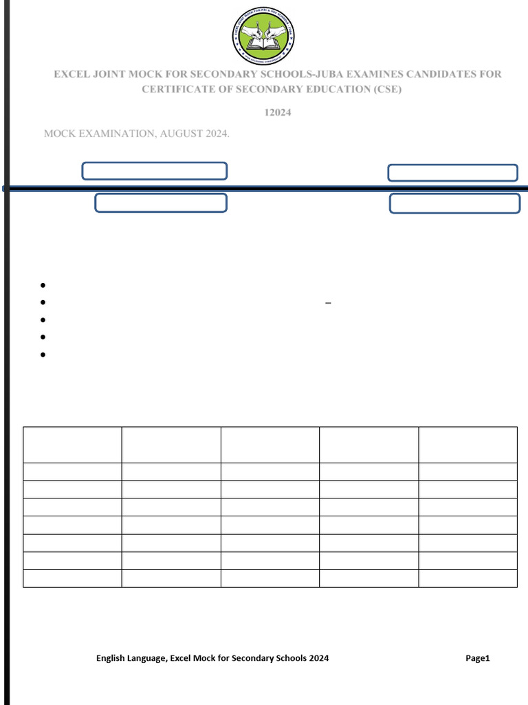 English Language Mock Exam 2024 | PDF