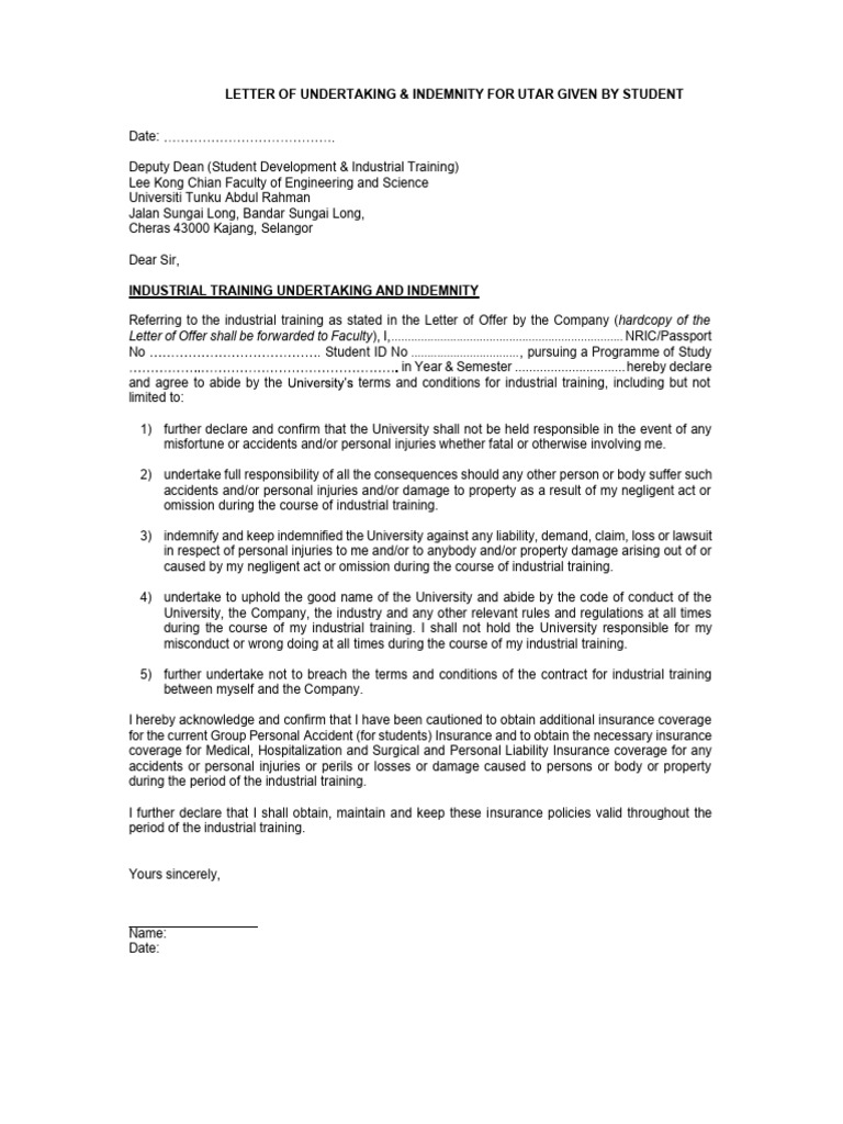 UTAR Industrial Training Indemnity Letter | PDF | Indemnity | Insurance