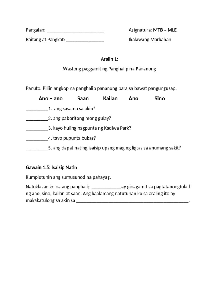 Act. in MTB Mle w1 q2 | PDF