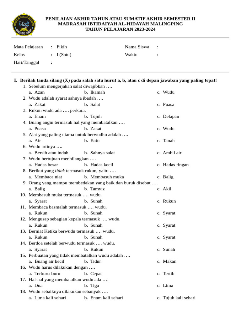 Soal Sas Kelas 1 Fikih | PDF