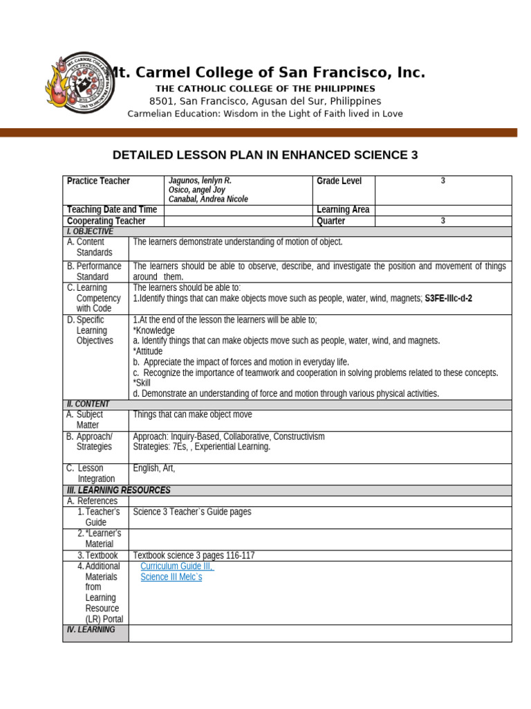Science 3: Motion and Forces Lesson Plan | PDF | Learning | Force