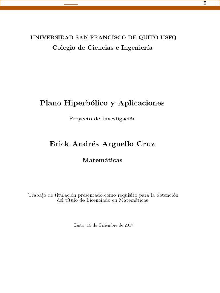 Plano Hiperb Olico y Aplicaciones: Colegio de Ciencias e Ingenier Ia | PDF | Esfera | Curva
