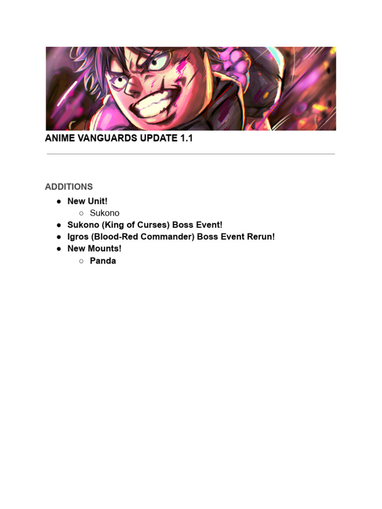 Anime Vanguards Update 1.1 Highlights | PDF