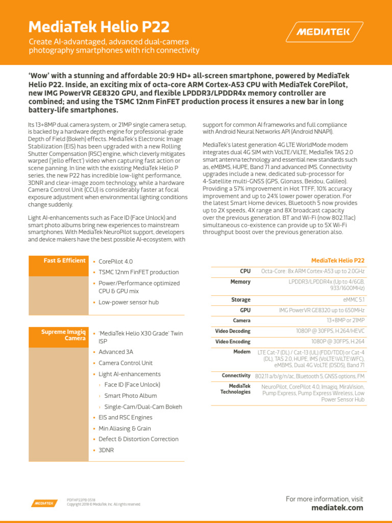 MediaTek Helio P22 Product Brief PDFHP22PB 052118 | PDF | Camera ...