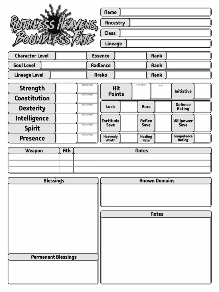 Ruthless Heavens Boundless Fate Character Sheet | PDF