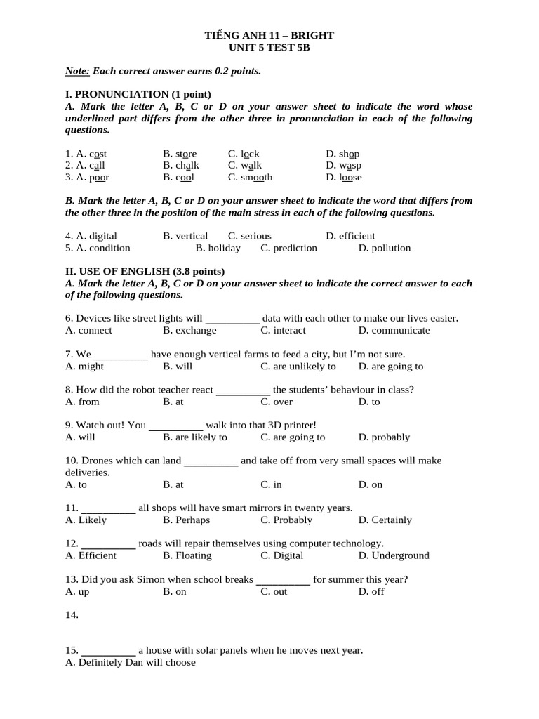 Bright 11 Test 5B (23-12-2022) | PDF | Teachers | Car