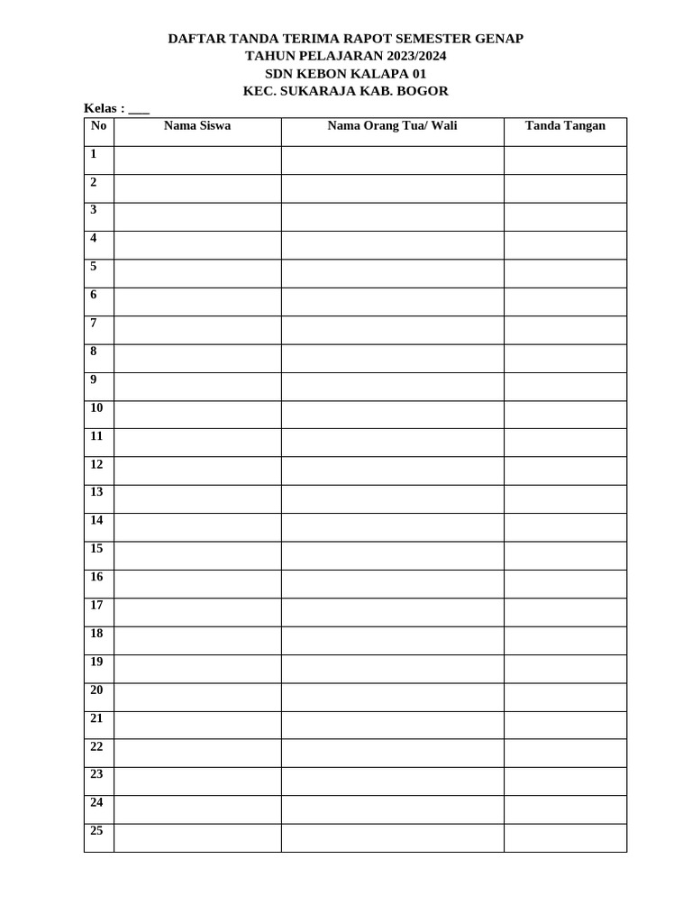 Daftar Tanda Terima Rapot Semester Genap | PDF