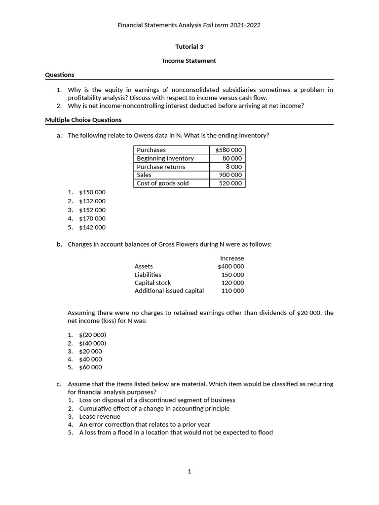 FSA-Tutorial 3-Fall 2021 | PDF | Retained Earnings | Income Statement