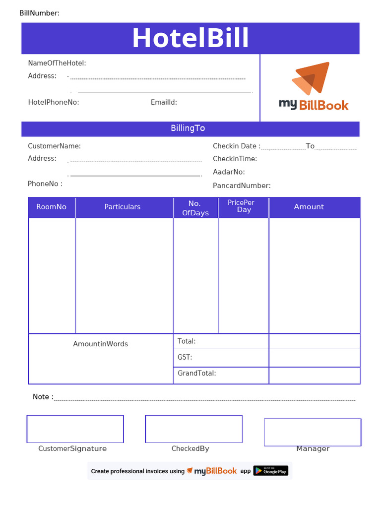 Hotel Bill Format in Word | PDF