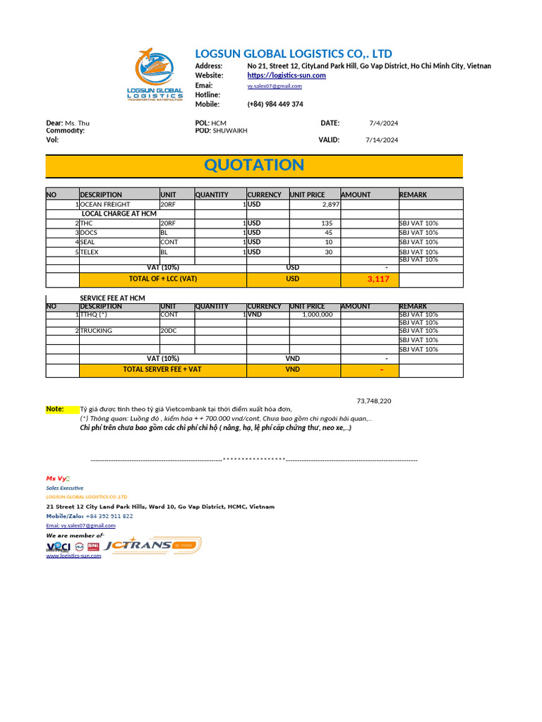 Quotation Export Sea Sample! | PDF