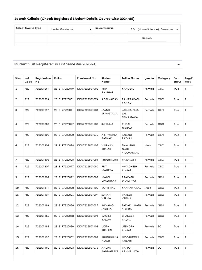 B.SC - .Home Sc. 1st Semester Enrol. and Roll Number | PDF