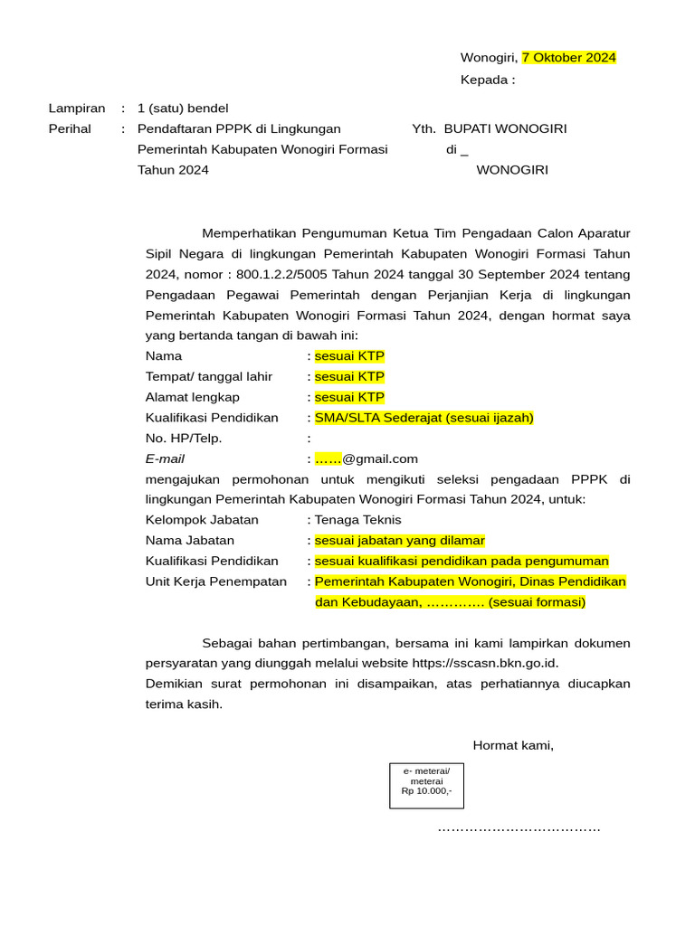 Contoh Format Surat Lamaran PPPK 2024 | PDF
