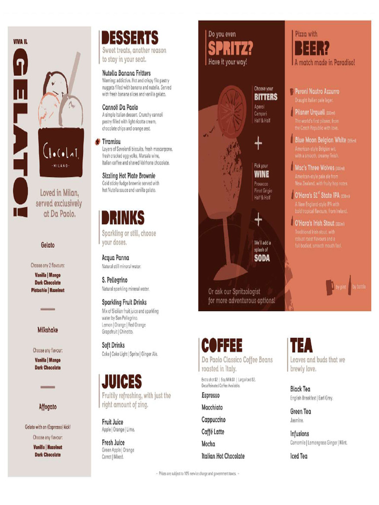 Da Paolo Pizza Bar Desserts & Drinks Menu | PDF