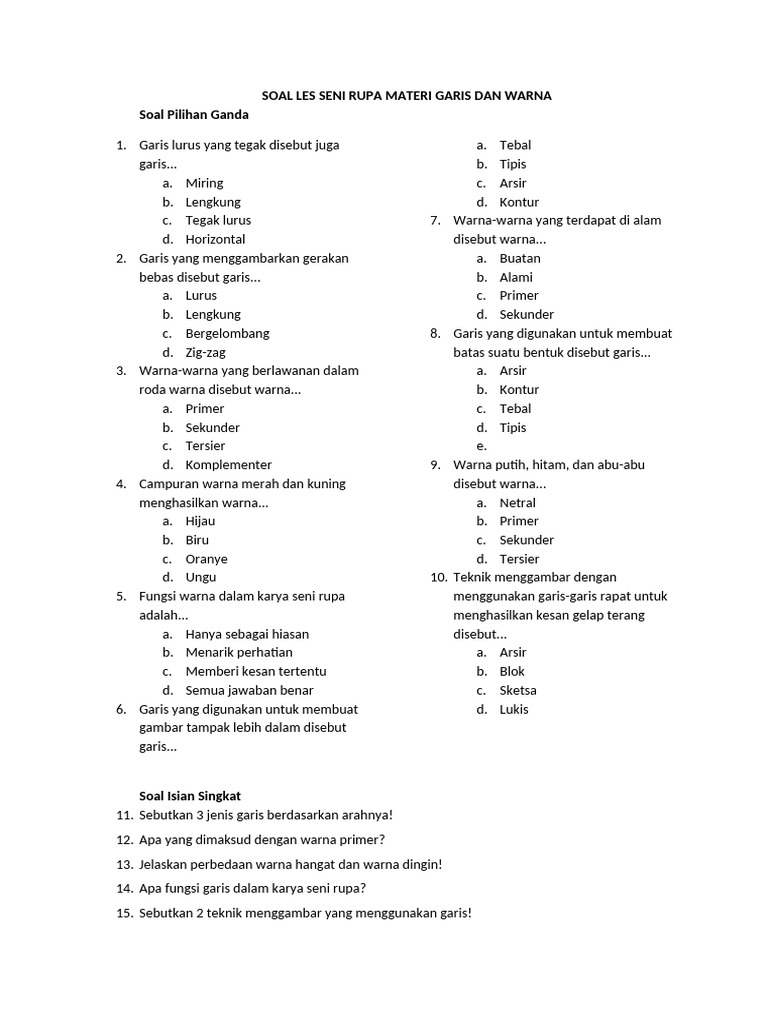Soal Les Seni Rupa Materi Garis Dan Warna (23 Agus 24) | PDF
