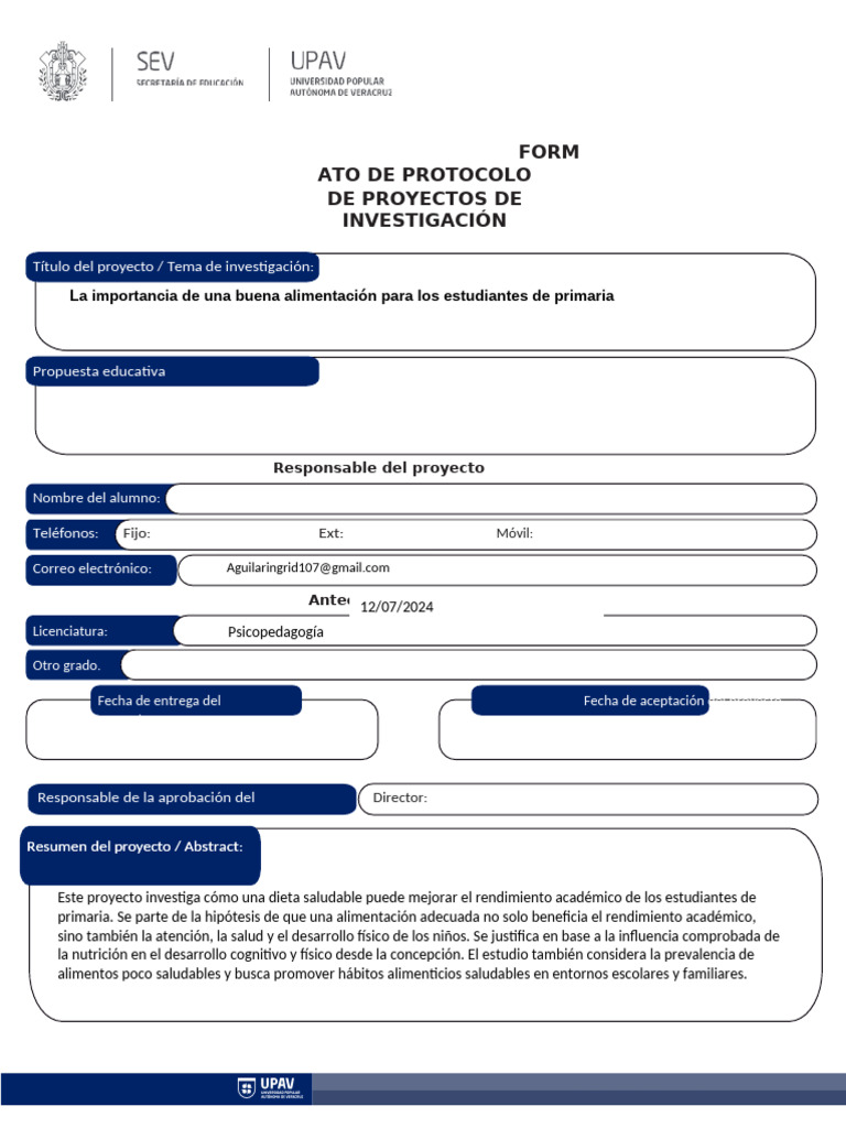 Formato de Protocolo de Proyectos | PDF | Dieta | Aprendizaje