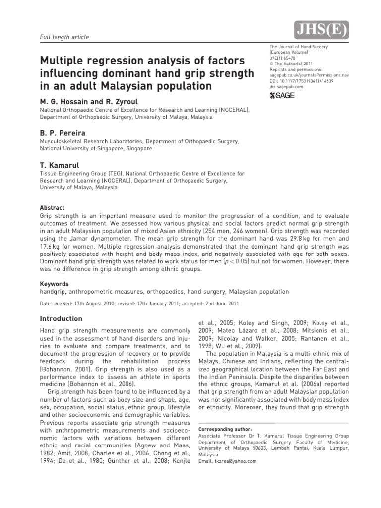 Multiple Regression Analysis Of Factors Influencing Dominant Hand Grip Strength In An Adult