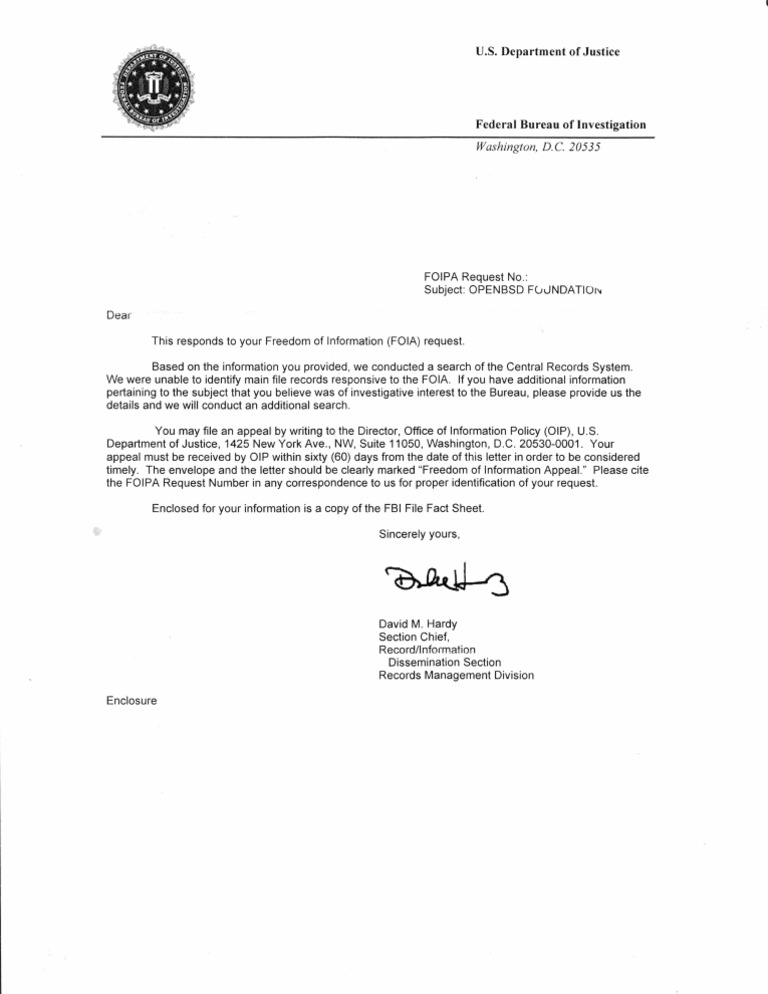 FBI No Records Response Letter RE: BSD Foundation | PDF | Law