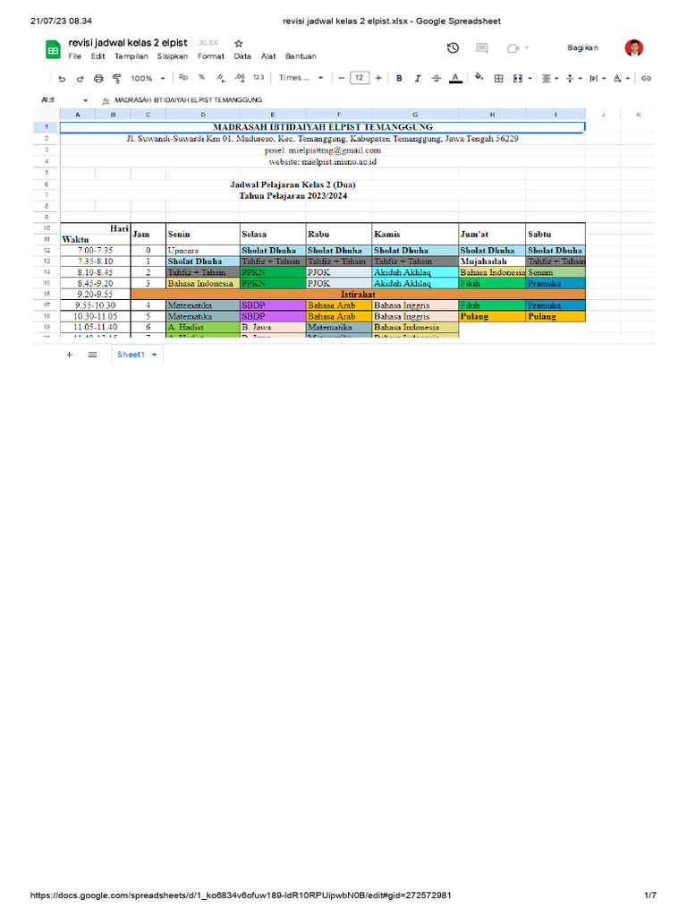 Revisi Jadwal Kelas 2 Elpist - XLSX - Google Spreadsheet | PDF