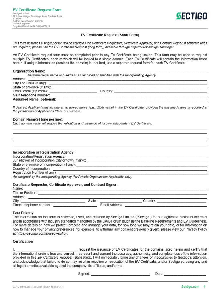 EV Certificate Request Form Short Version | PDF