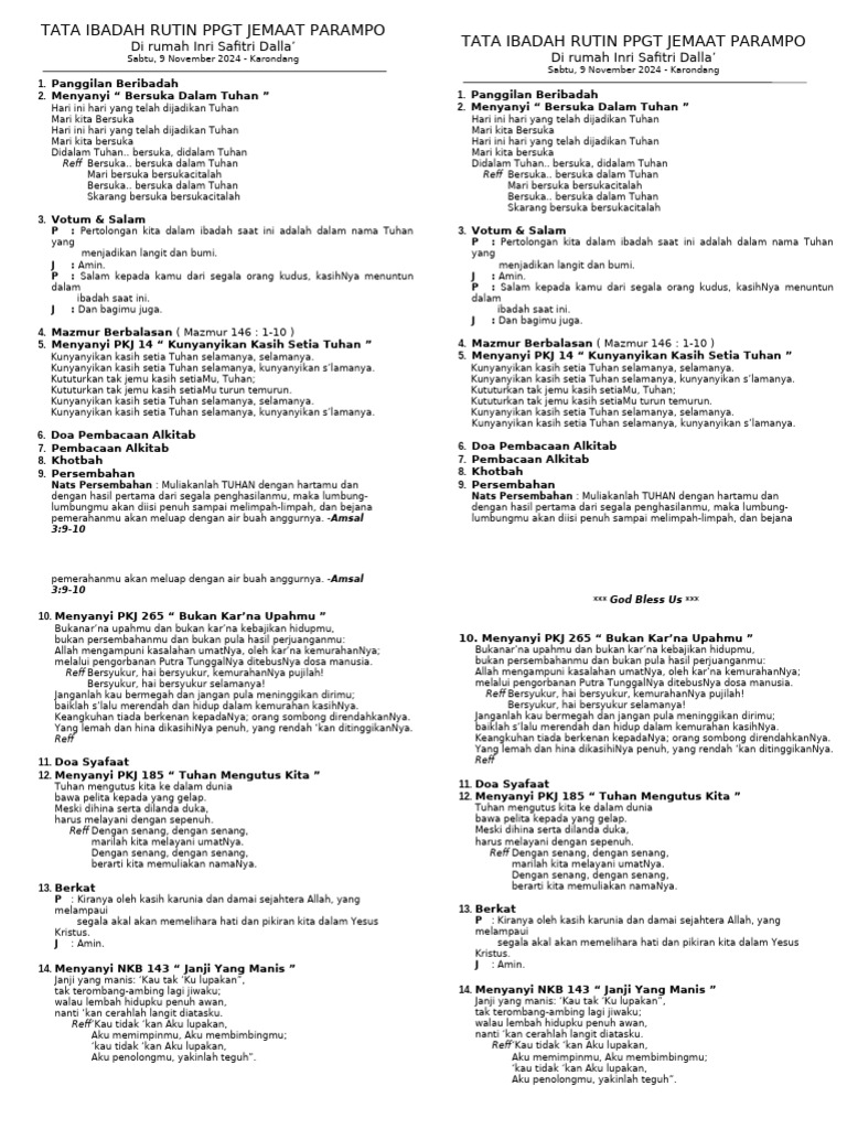 Liturgi Ibadah Rutin PPGT 9 November 2024 - Jemaat Parampo | PDF