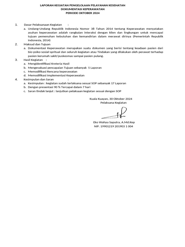Laporan Kegiatan Ekin Dokumentasi Keperawatan | PDF