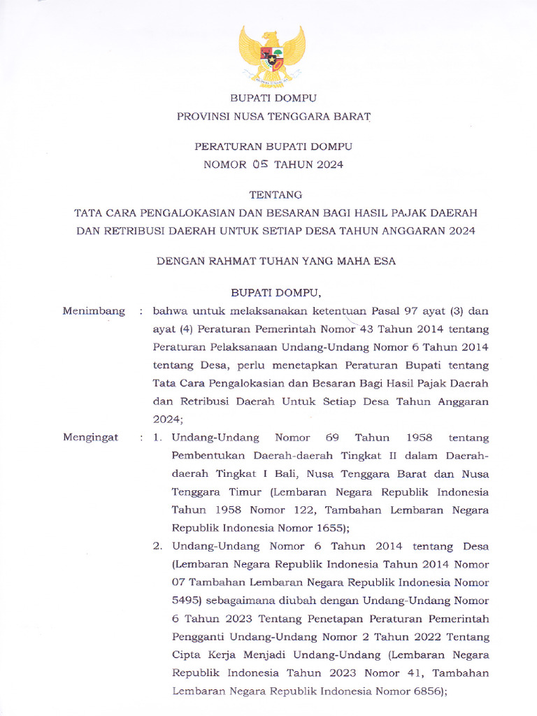 Perbup Tata Cara Pengalokasian Dan Besaran BHPRD Untuk Setiap Desa 2024 ...