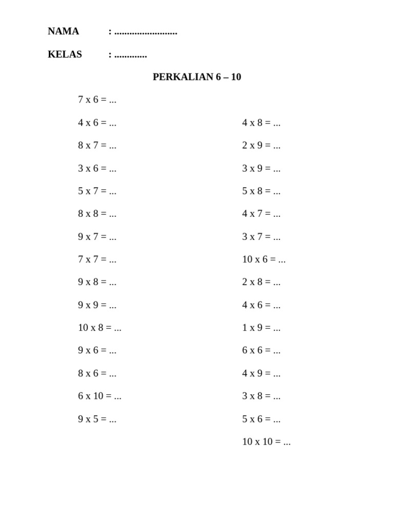 Perkalian 6-10 | PDF